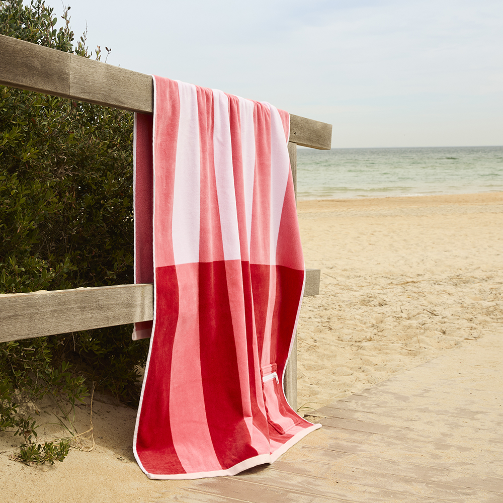 Luxe Pink Multi Stripe Velour Pocket Beach Towel | Adairs