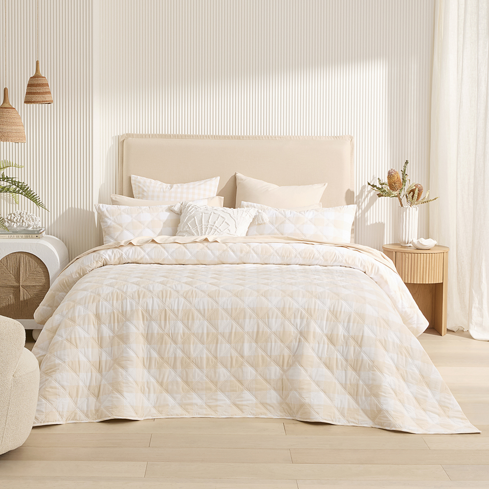 Stonewashed Cotton Sand Gingham Quilted Coverlet Separates | Adairs