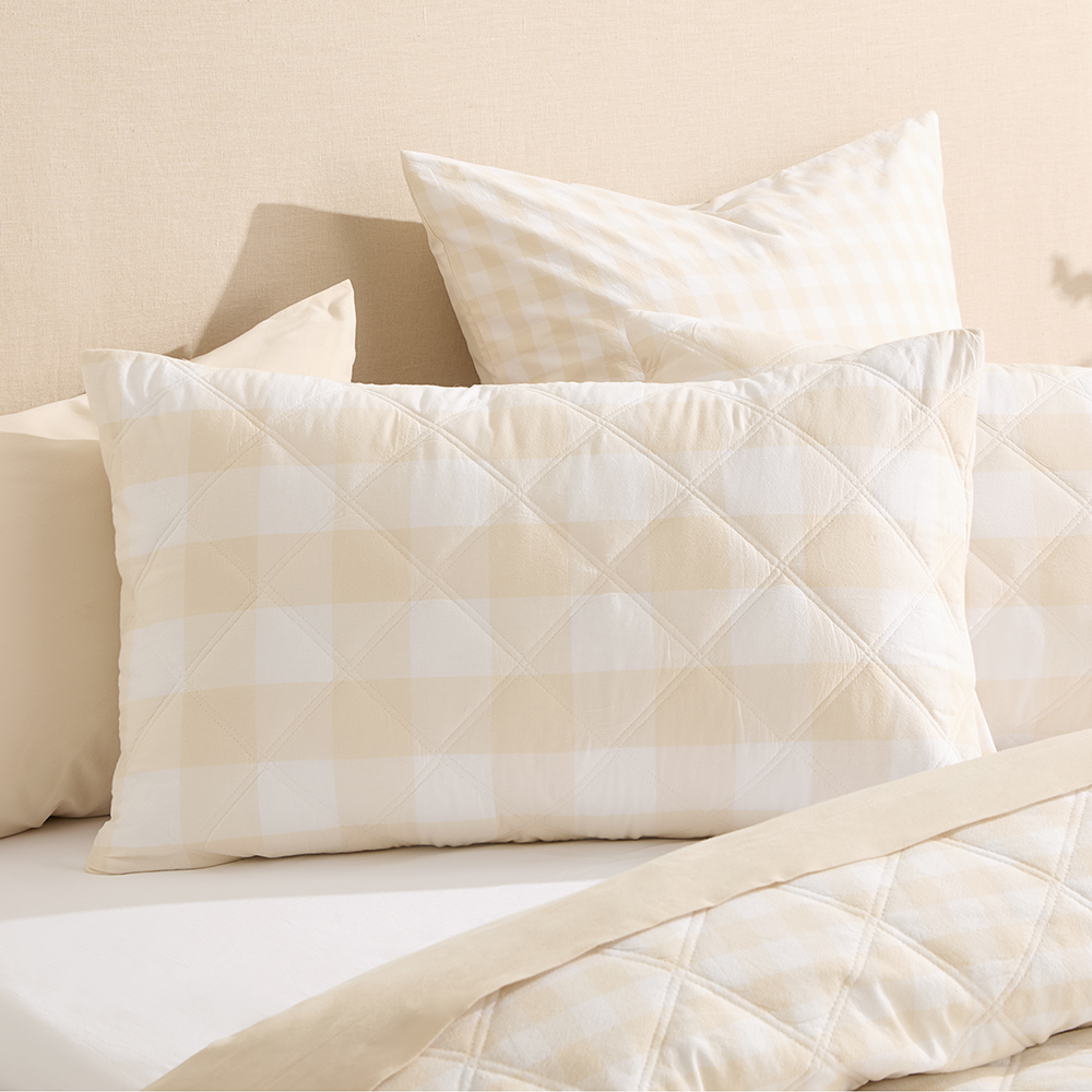 Stonewashed Cotton Sand Gingham Quilted Pillowcases | Adairs