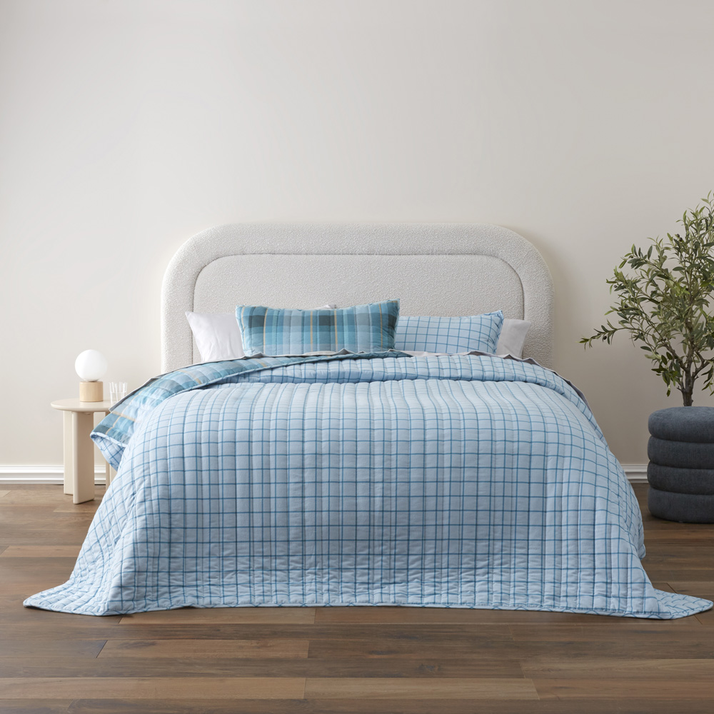 Flannelette Printed Stirling Check Blue Quilted Coverlet Separates | Adairs