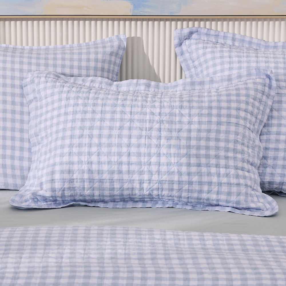 Vintage Washed Linen Dusty Blue Check Quilted Coverlet Separates | Adairs