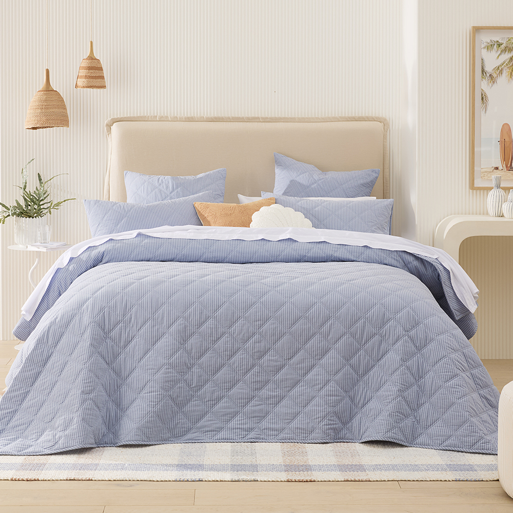 Stonewashed Cotton Printed Thin Chambray Stripe Quilted Coverlet ...