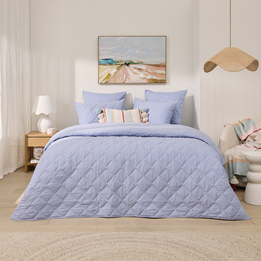 Stonewashed Cotton Chambray Blue Quilted Coverlet Separates | Adairs