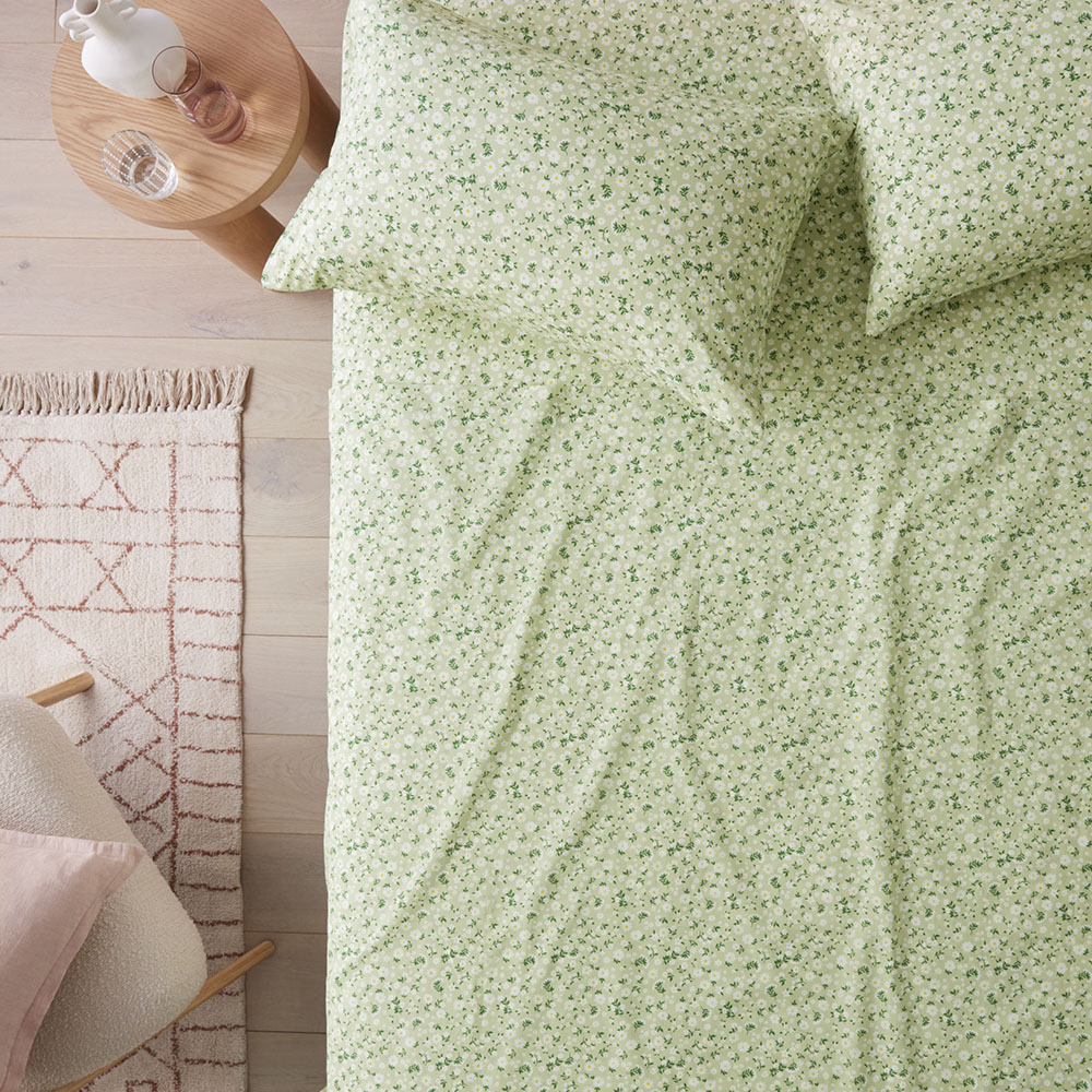 Green Daisy Printed Percale Sheet Set | Adairs