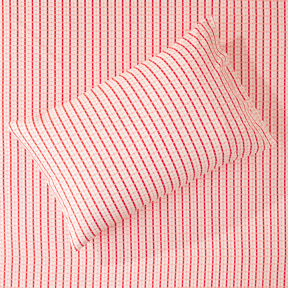 Pink & Red Check Printed Percale Sheet Set | Adairs
