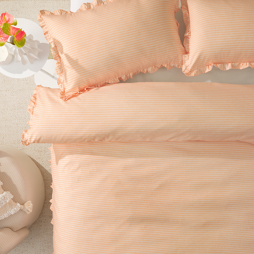 Microfibre Ruffle Apricot Stripe Quilt Cover Set | Adairs
