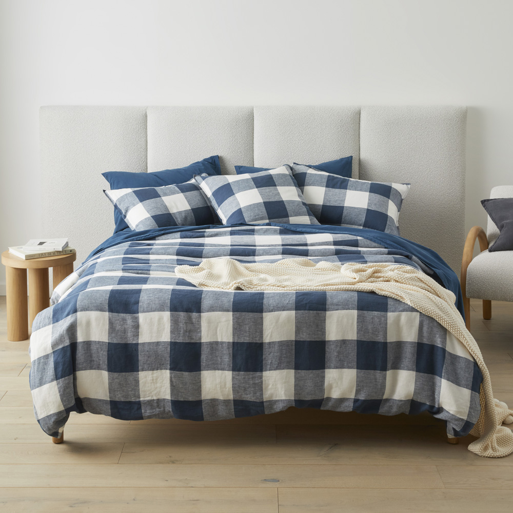 Vintage Washed Linen Large Navy Check Quilt Cover Separates | Adairs