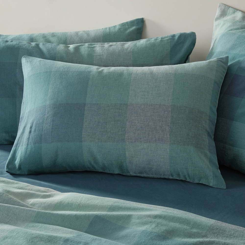 Vintage Washed Linen Cotton Ombre Check Teal Quilt Cover Set ...
