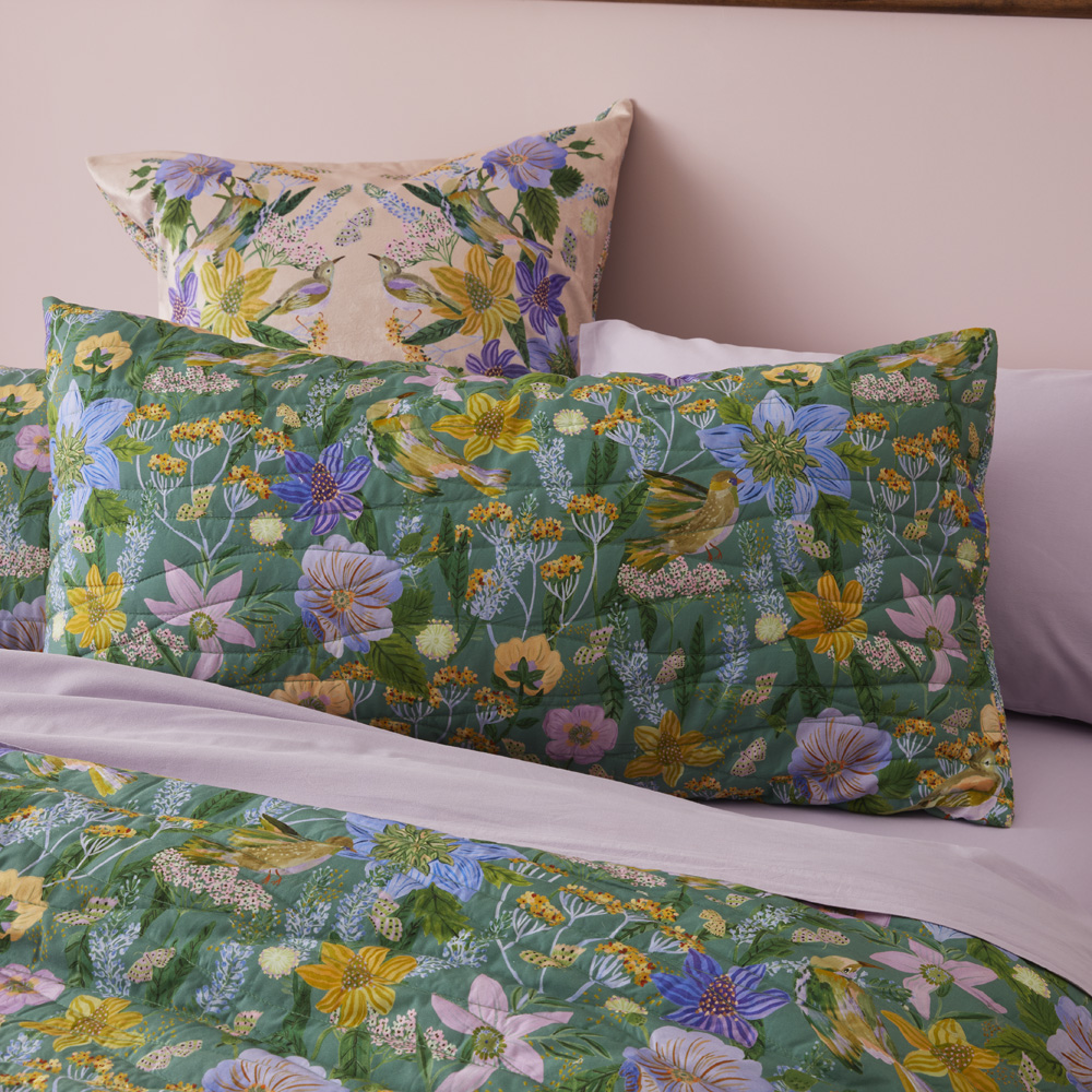 Sephora Floral Garden Green Quilted Pillowcases | Adairs