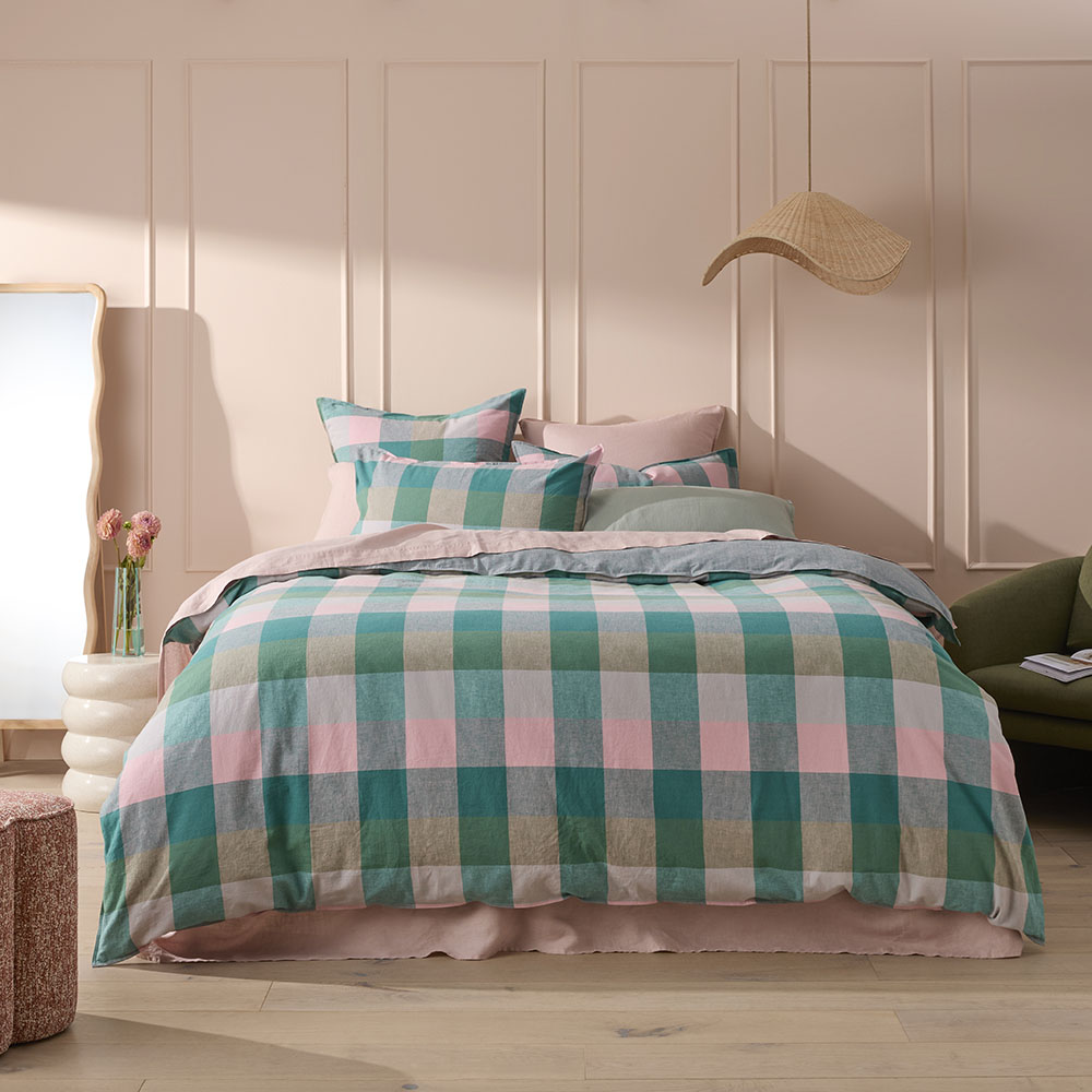 Vintage Washed Linen Cotton Forest Check Pillowcases | Adairs