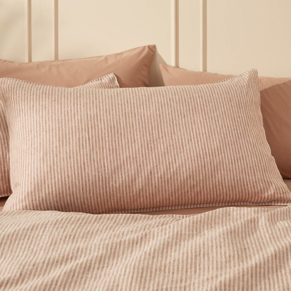 Vintage Washed Linen Caramel & Nude Pink Stripe Pillowcases | Adairs