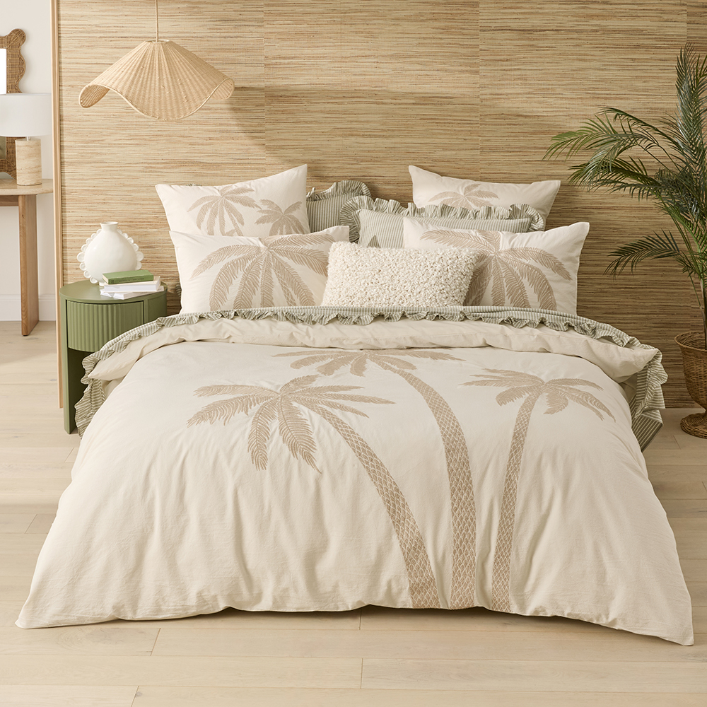 Noosa Palm Natural Embroidered Quilt Cover Separates | Adairs