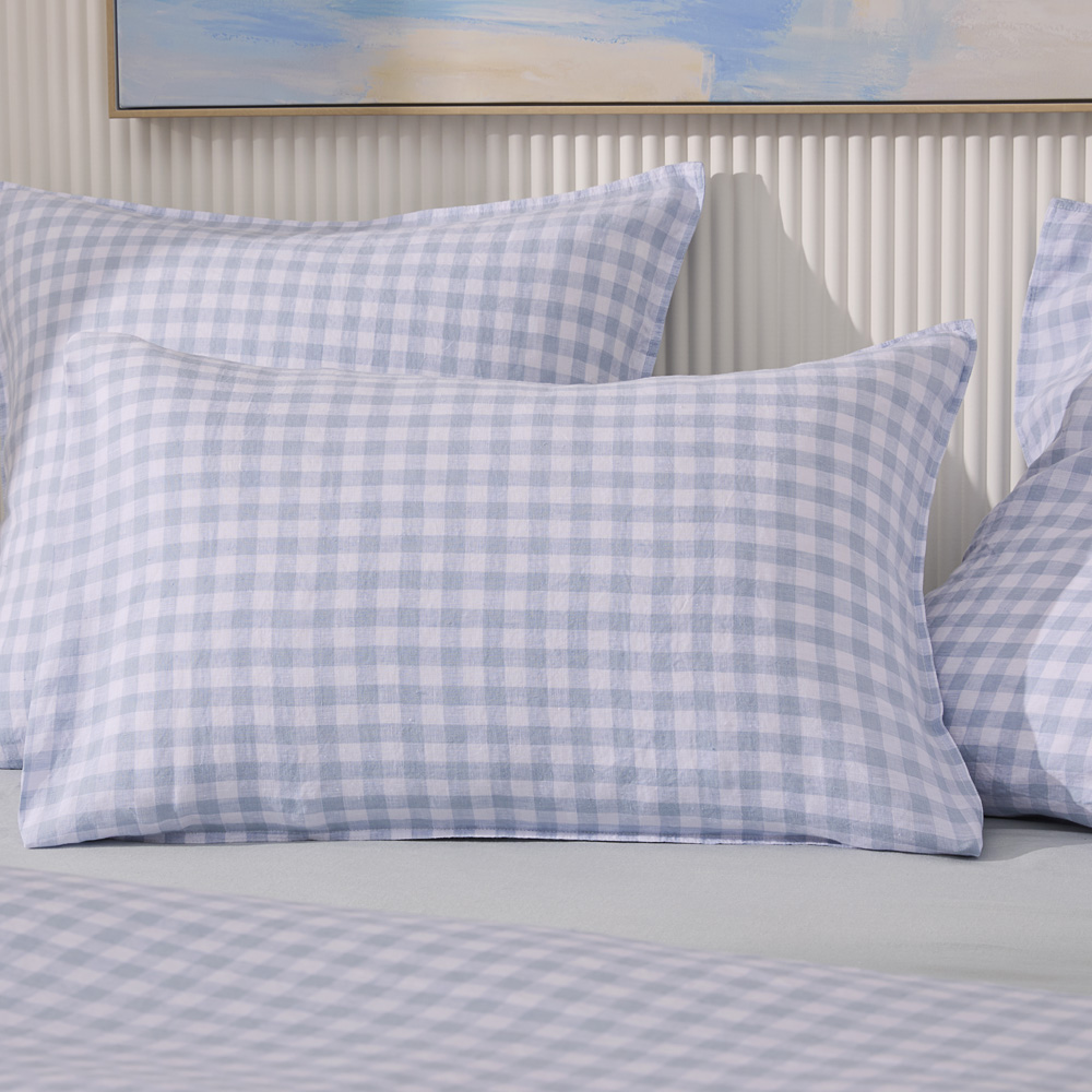 Vintage Washed Linen Dusty Blue Check Pillowcases | Adairs