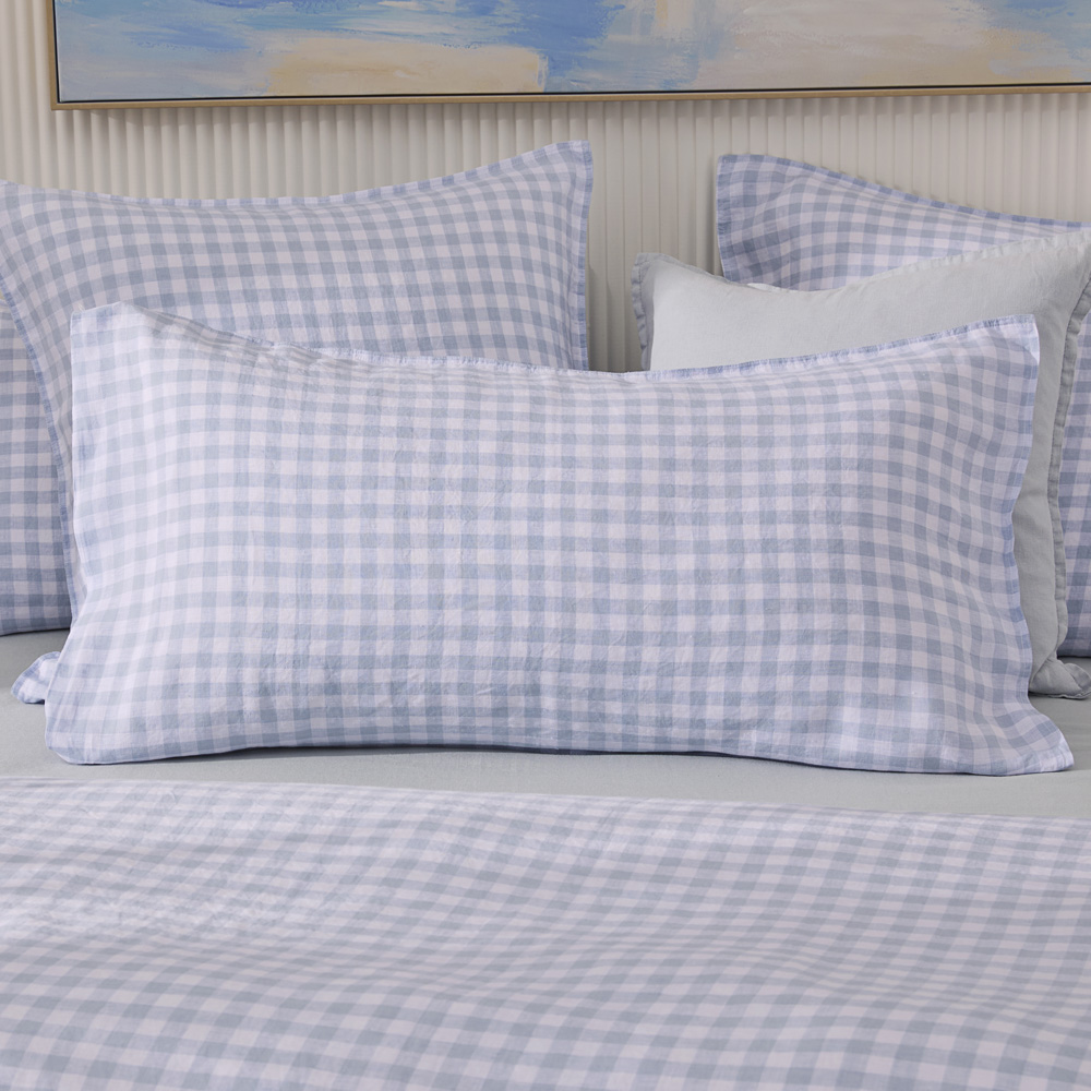 Vintage Washed Linen Dusty Blue Check Pillowcases | Adairs
