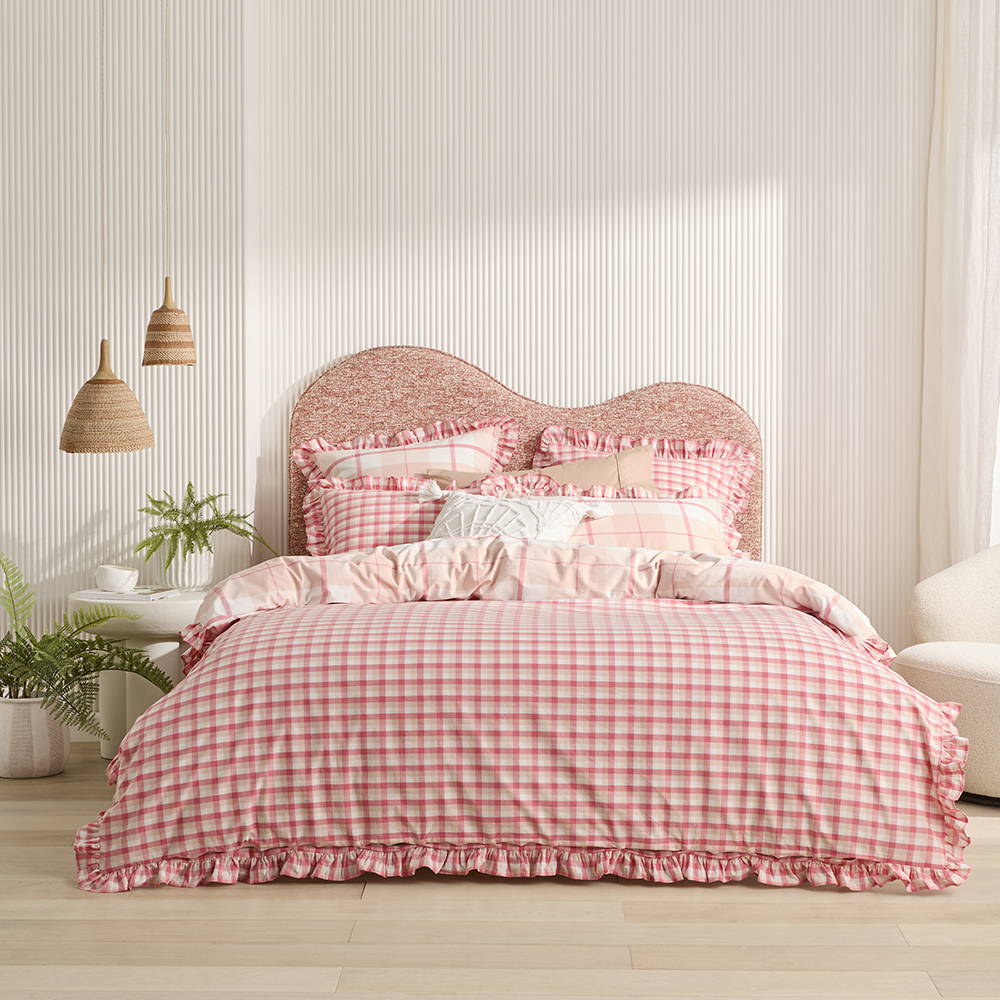 Tillie Check Pink Ruffle Quilt Cover Set + Separates | Adairs