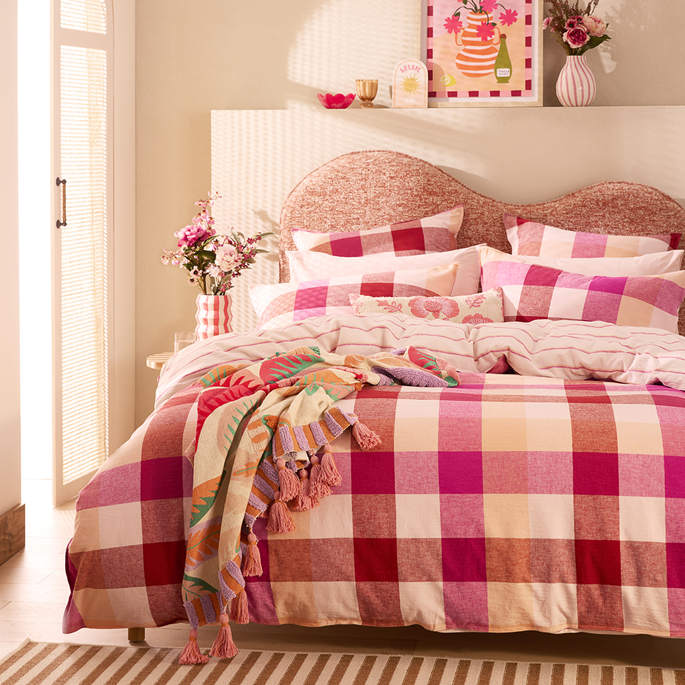 Vintage Washed Linen Cotton Magenta Fiesta Check Quilt Cover Set ...