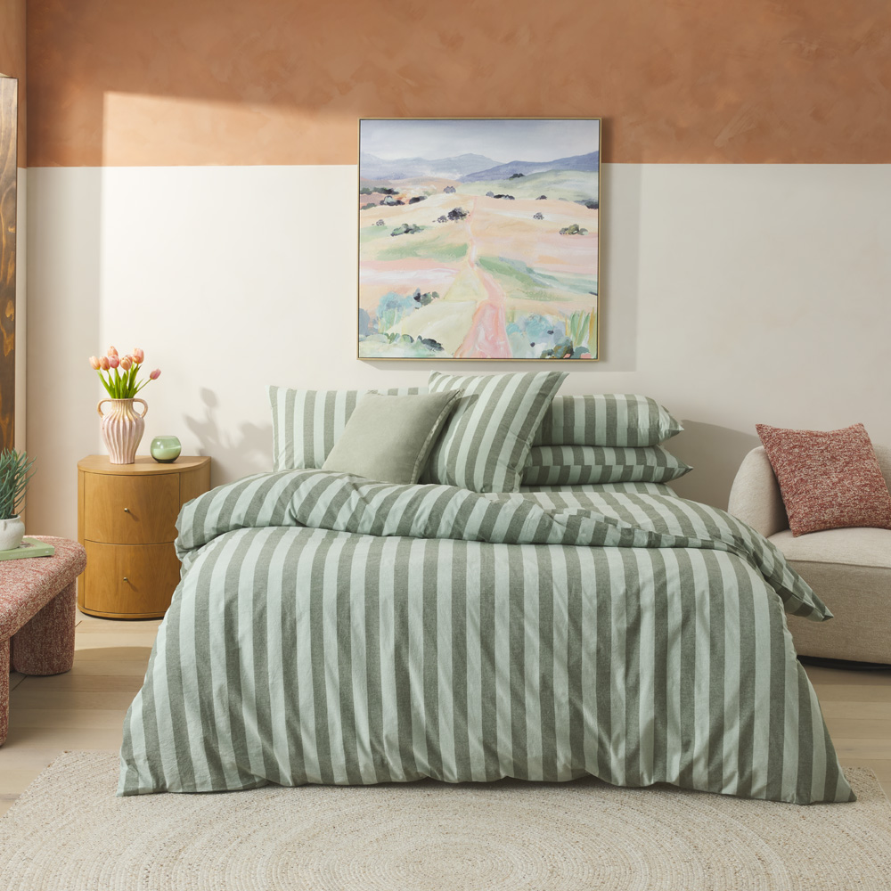 Stonewashed Cotton Green Block Stripe Quilt Cover Separates | Adairs
