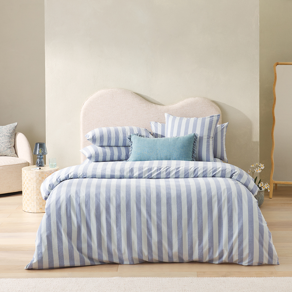 Stonewashed Cotton Blue Block Stripe Pillowcases | Adairs
