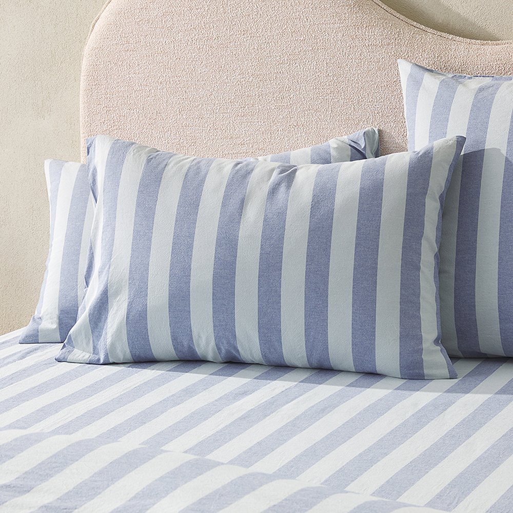 Stonewashed Cotton Blue Block Stripe Pillowcases | Adairs