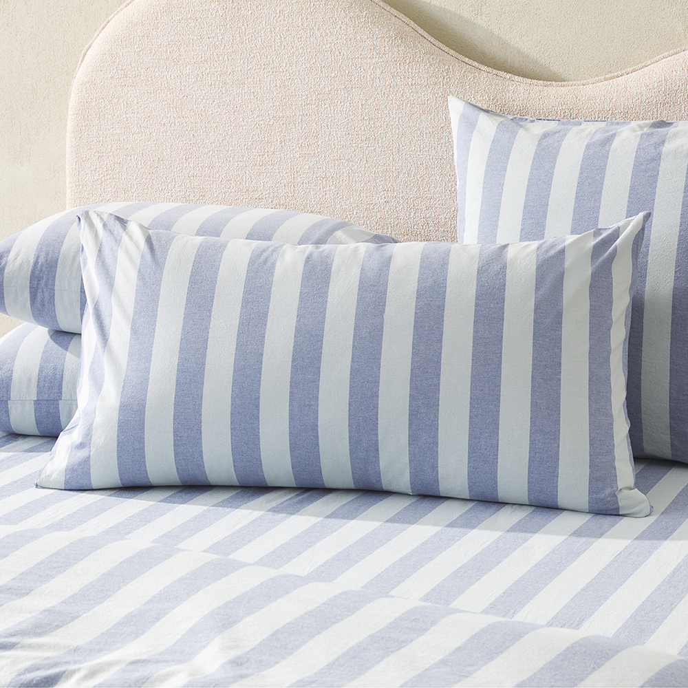 Stonewashed Cotton Blue Block Stripe Pillowcases | Adairs
