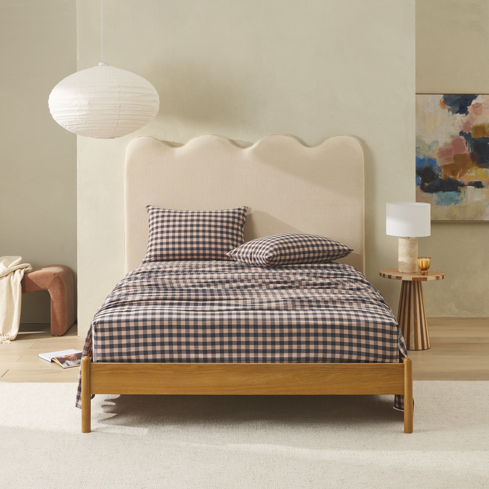 Stonewashed Cotton Mocha Gingham Sheet Set | Adairs