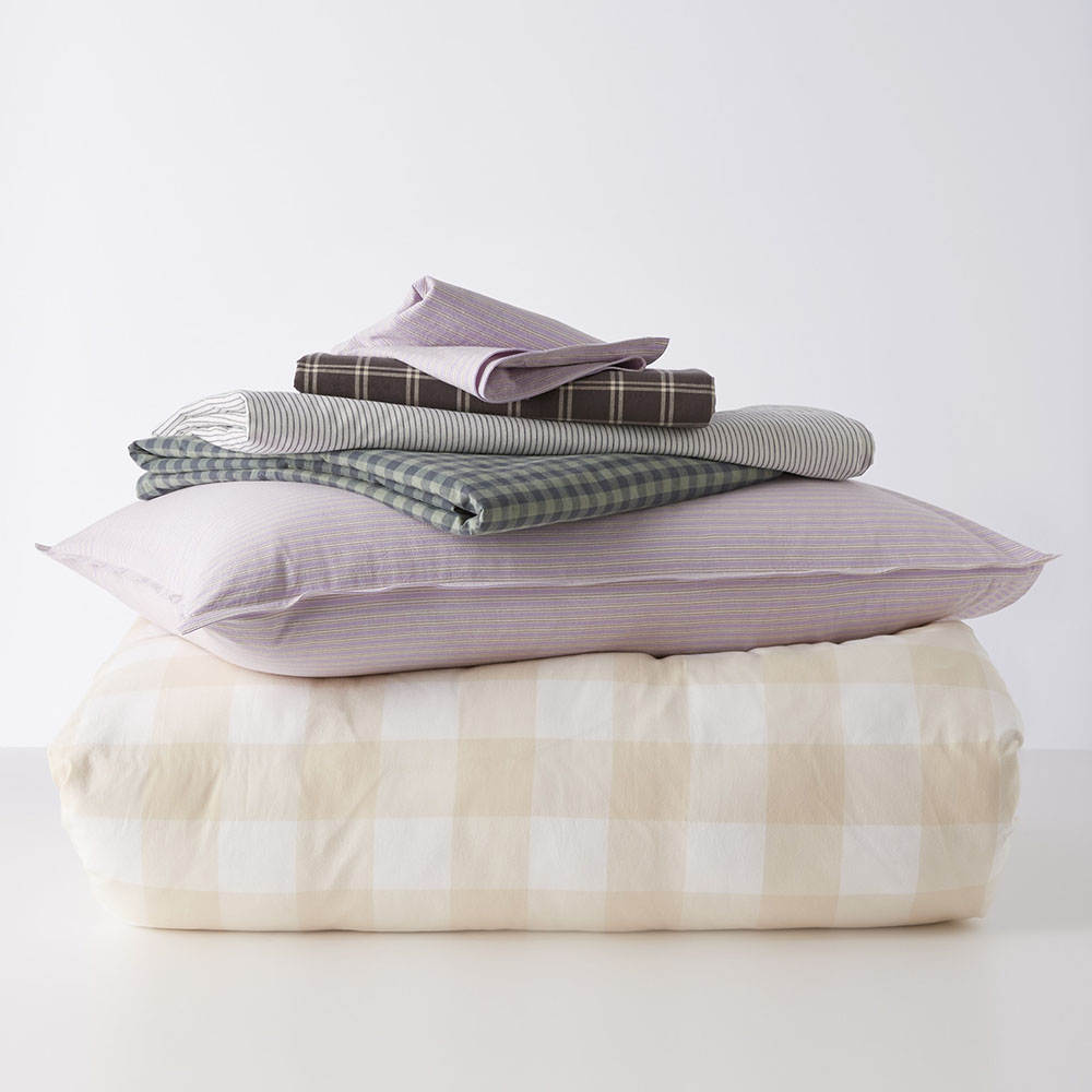 Stonewashed Cotton Printed Sand Gingham Quilt Cover Separates | Adairs