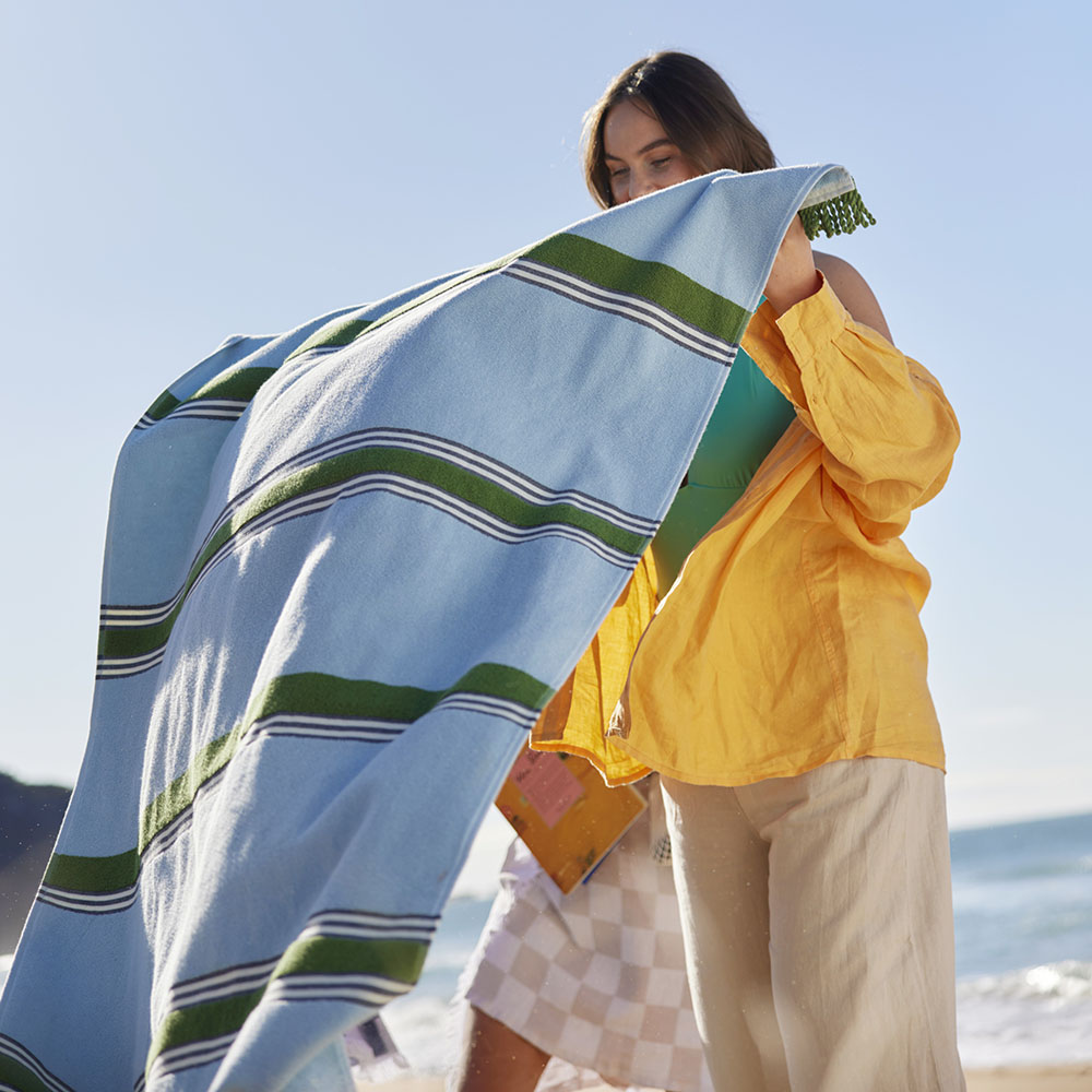 Terry Textured Soft Blue Stripe Beach Towel | Adairs