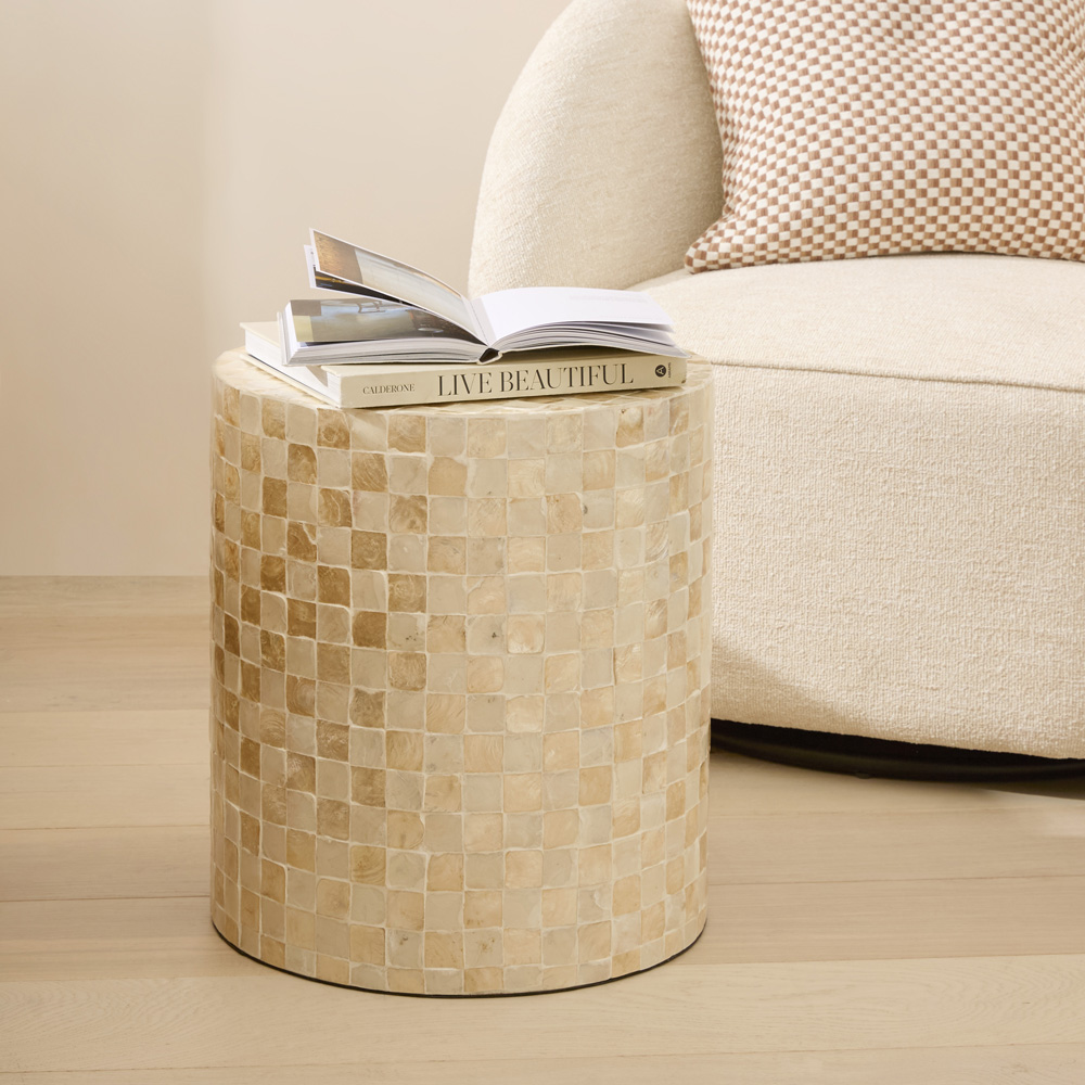 Capiz Beige Check Side Table | Adairs