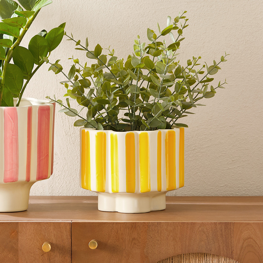 Flower Off White & Yellow Stripe Pot | Adairs