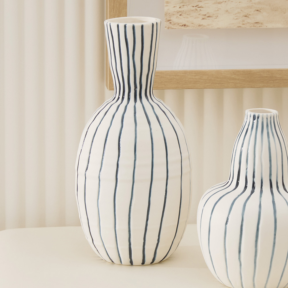 Elio Stripe White & Blue Tall Vase | Adairs