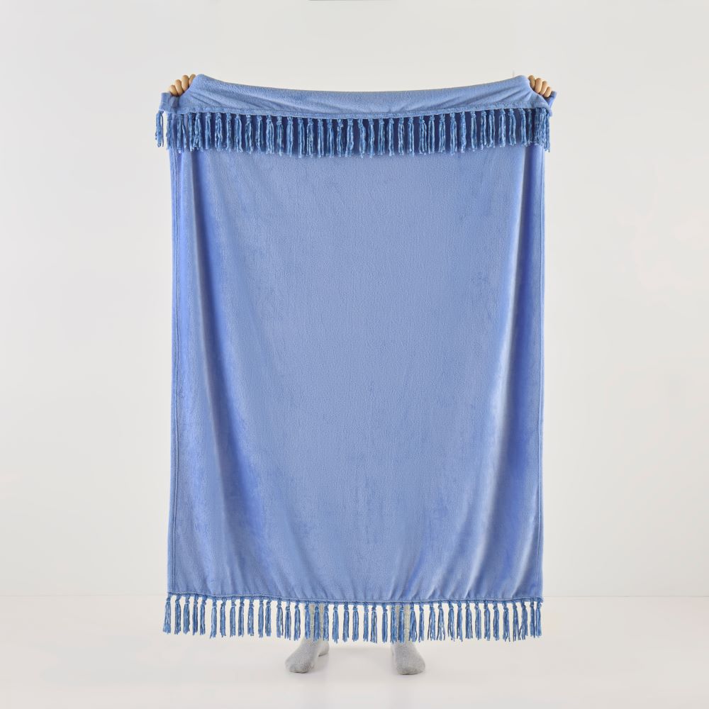 Aspen Blue Fleece Tassel Throw | Adairs