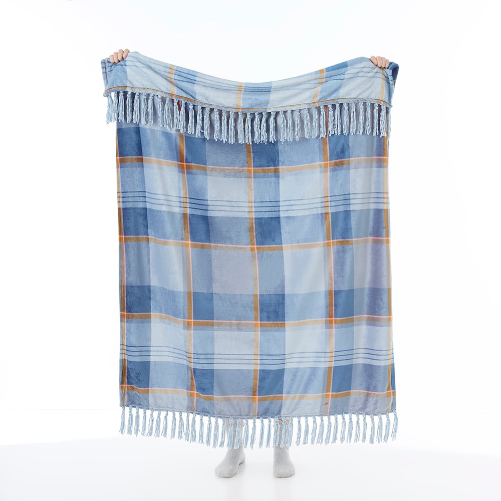 Aspen Blue Check Fleece Tassel Print Throw | Adairs