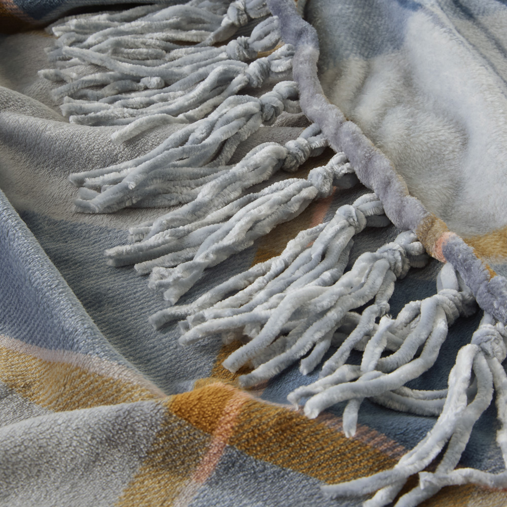 Aspen Blue Check Fleece Tassel Print Throw | Adairs