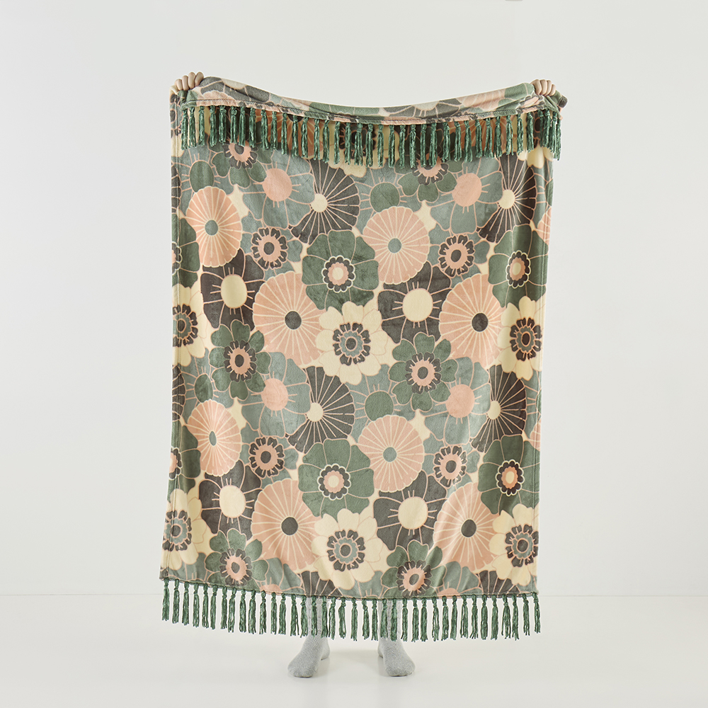 Aspen Green Keira Floral Fleece Tassel Throw | Adairs
