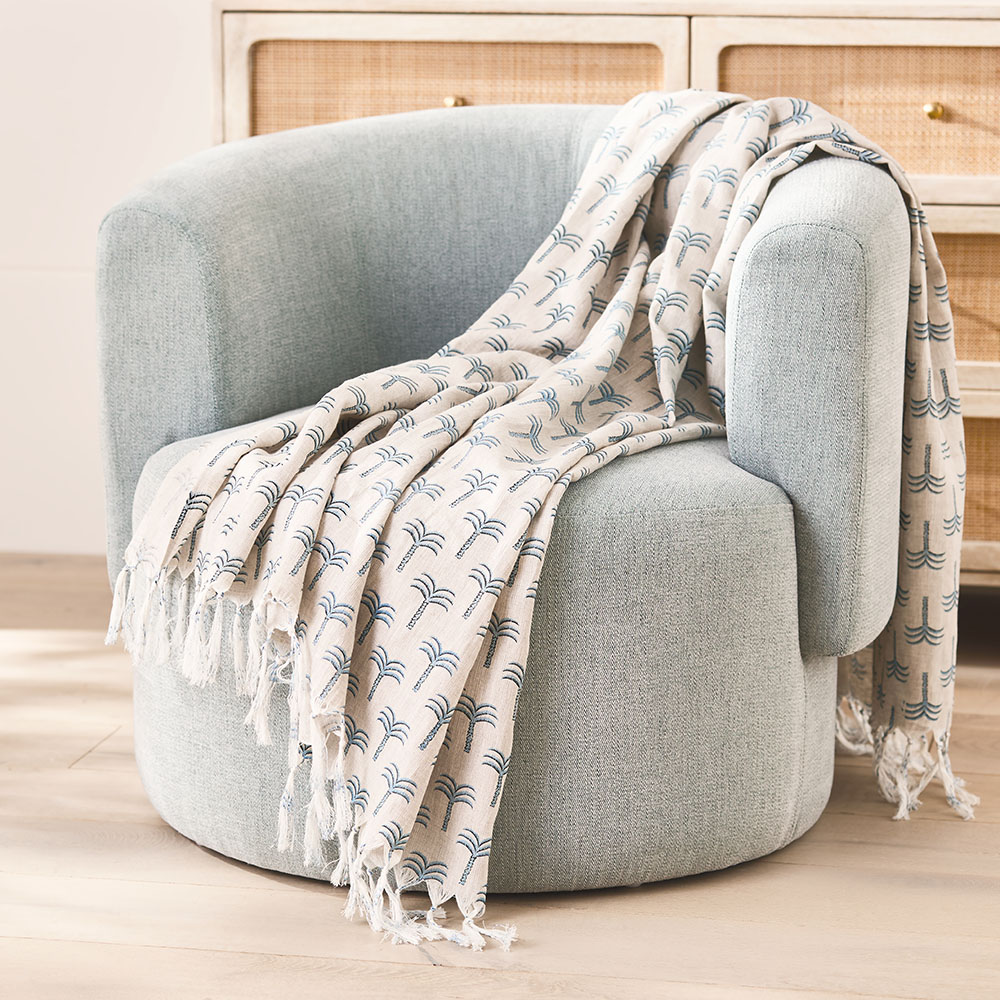 Delhi Blue Palm Linen Throw | Adairs