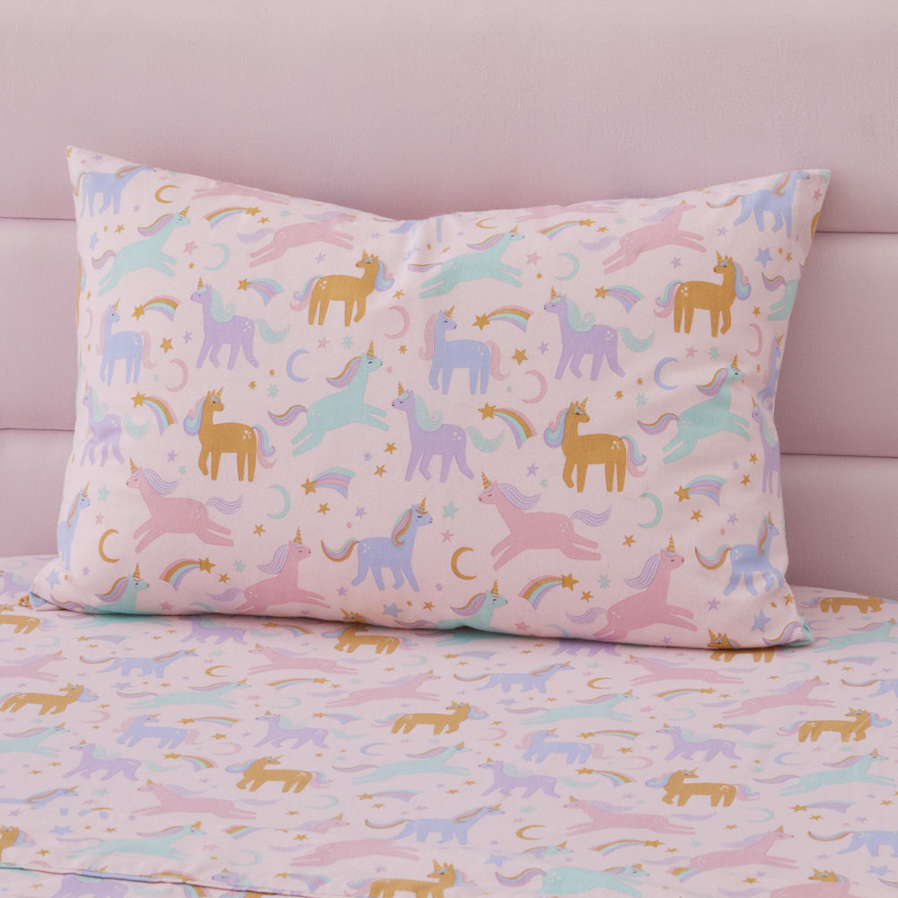 Adairs Kids - Moonlight Unicorn Pink Flannelette Sheet Set | Adairs