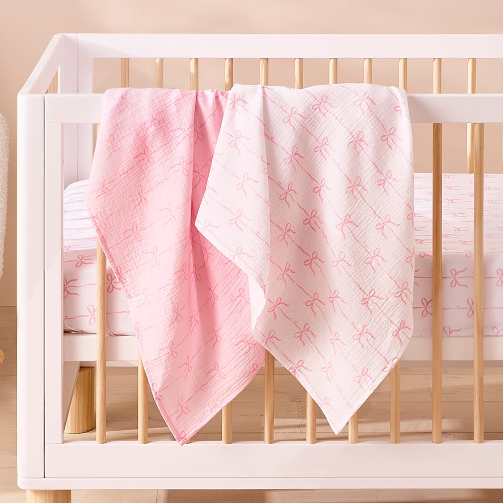 Adairs Kids - Pink Beautiful Bow Cotton Muslin Baby Swaddles 2pk | Adairs