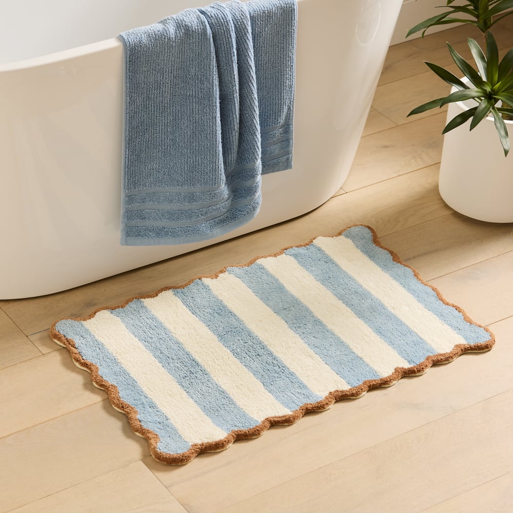 Scallop Stripe Chambray Blue & Bran Bath Mat | Adairs