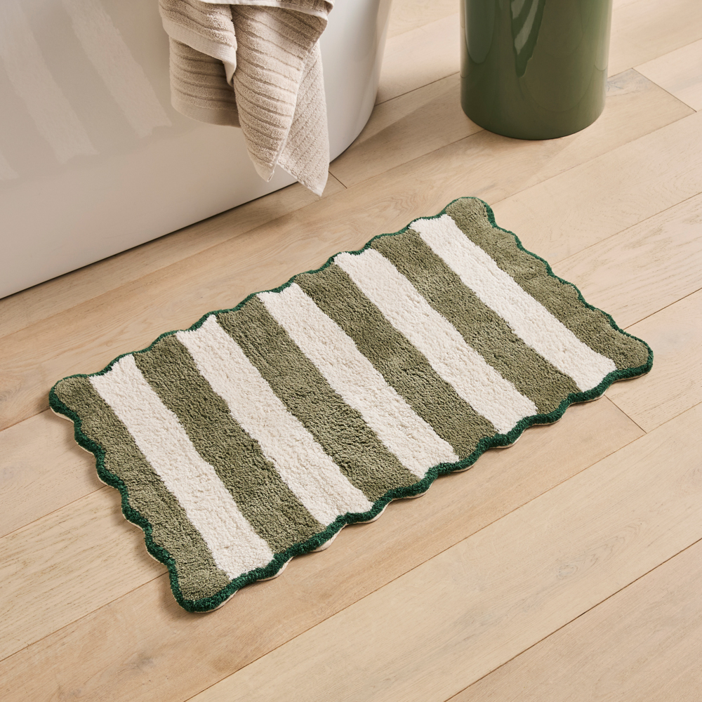 Scallop Moss & Natural Stripe Bath Mat | Adairs