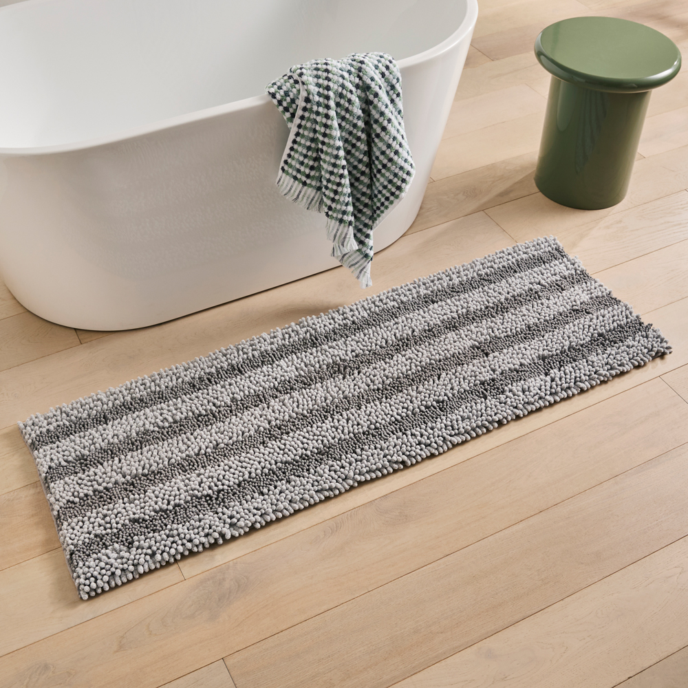 Microplush Grey Marle Stripe Bobble Bath Runner | Adairs