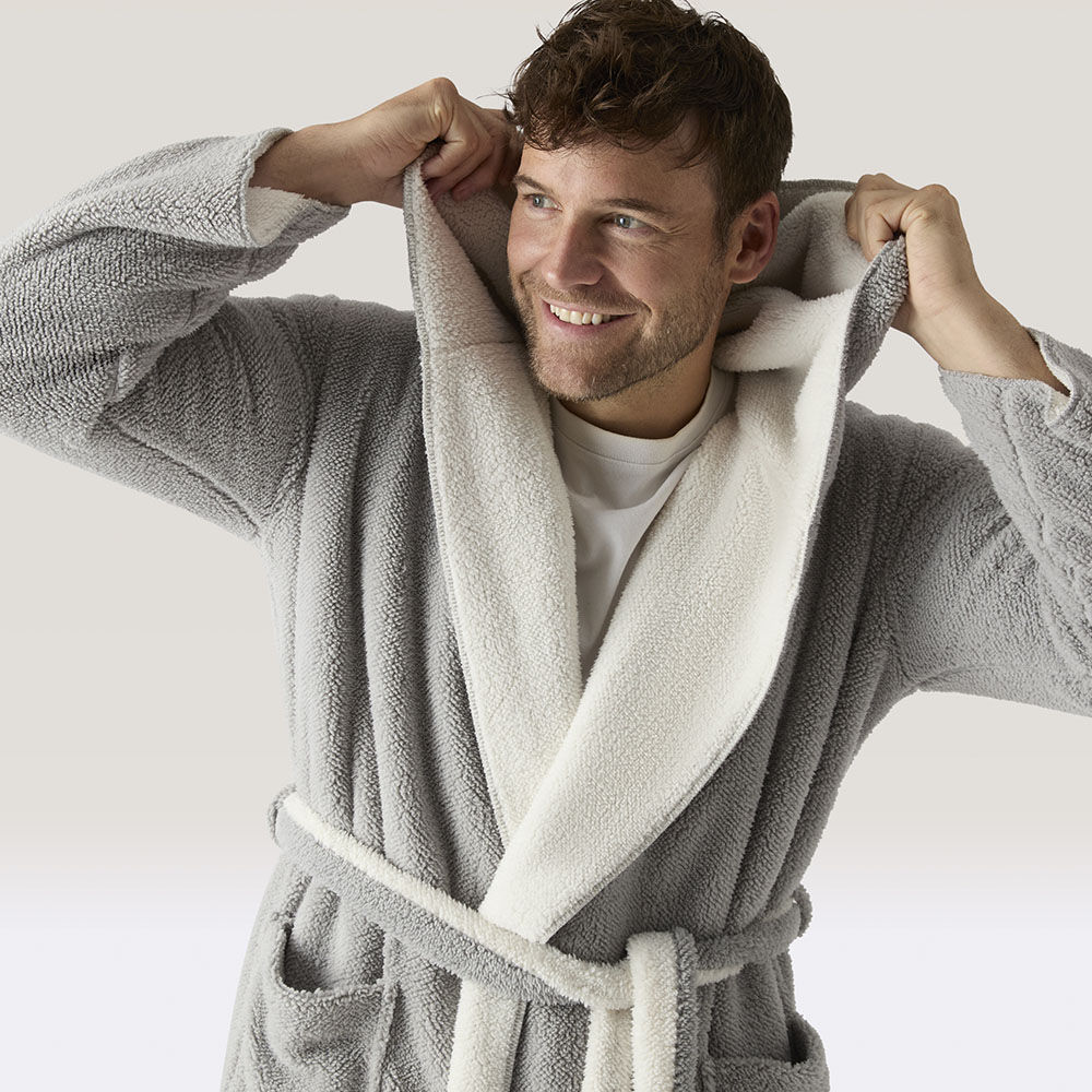 Sherpa Moonrock Grey & Ivory Hooded Bathrobe | Adairs
