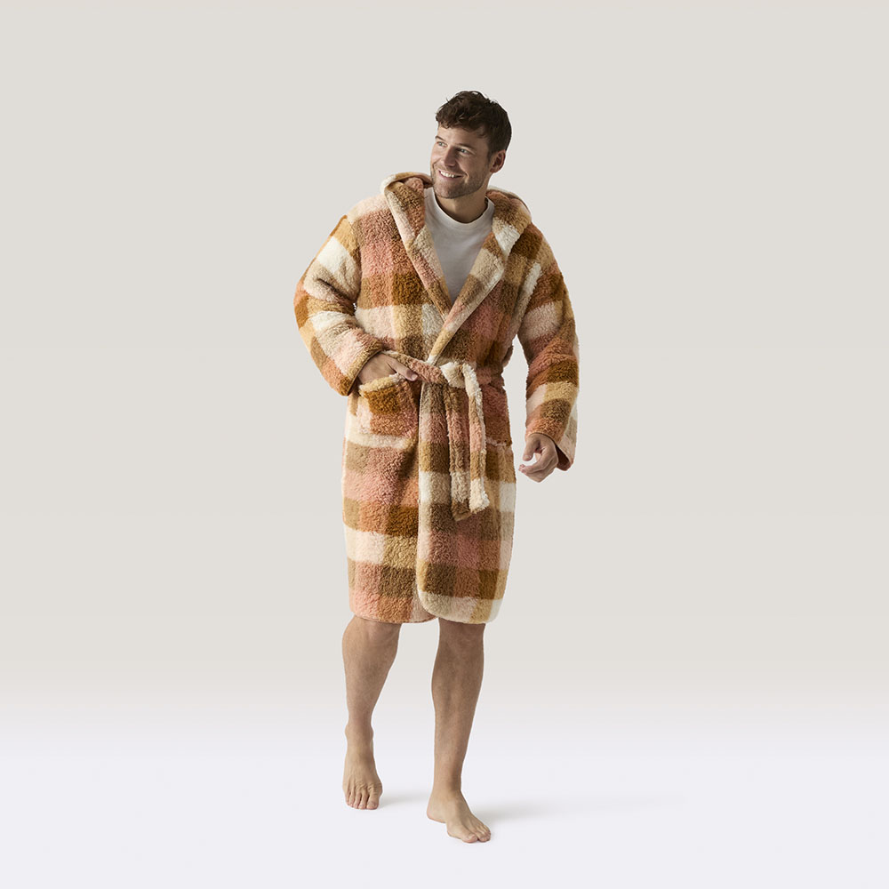 Printed Sherpa Earth Check Hooded Robe | Adairs
