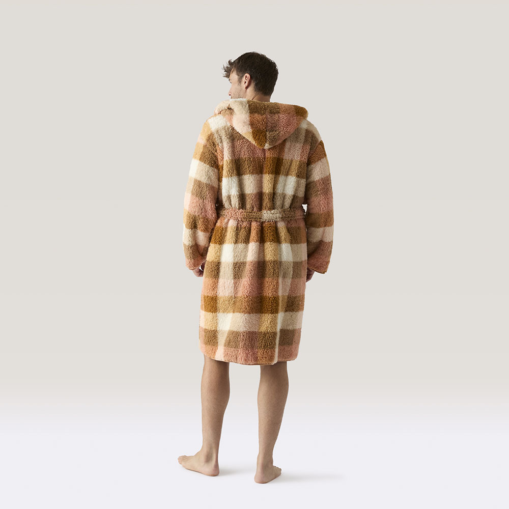 Printed Sherpa Earth Check Hooded Robe | Adairs