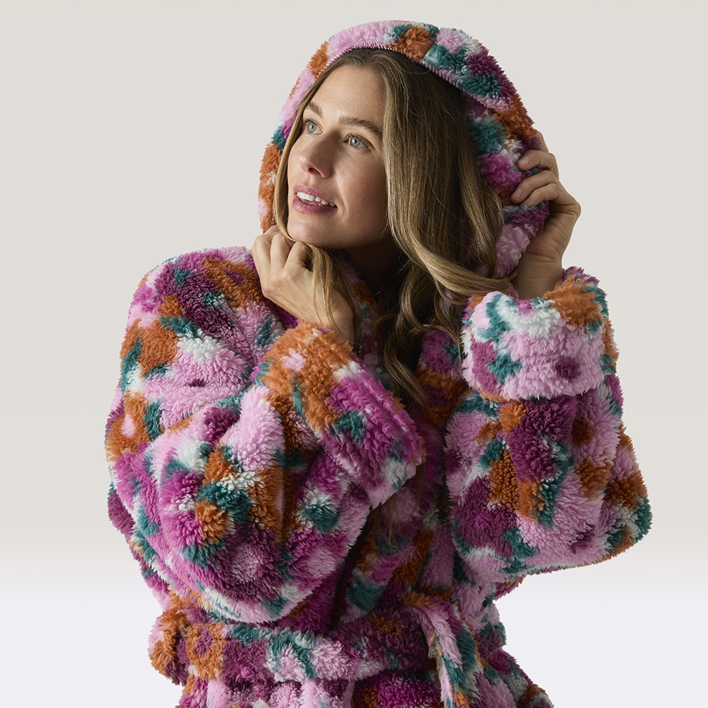 Printed Sherpa Pinks Multi Hooded Robe | Adairs
