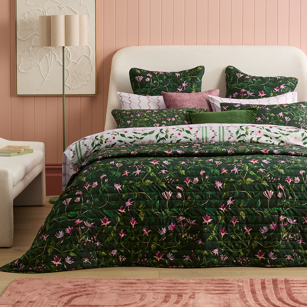 Greta Floral Green Quilted Coverlet Separates | Adairs