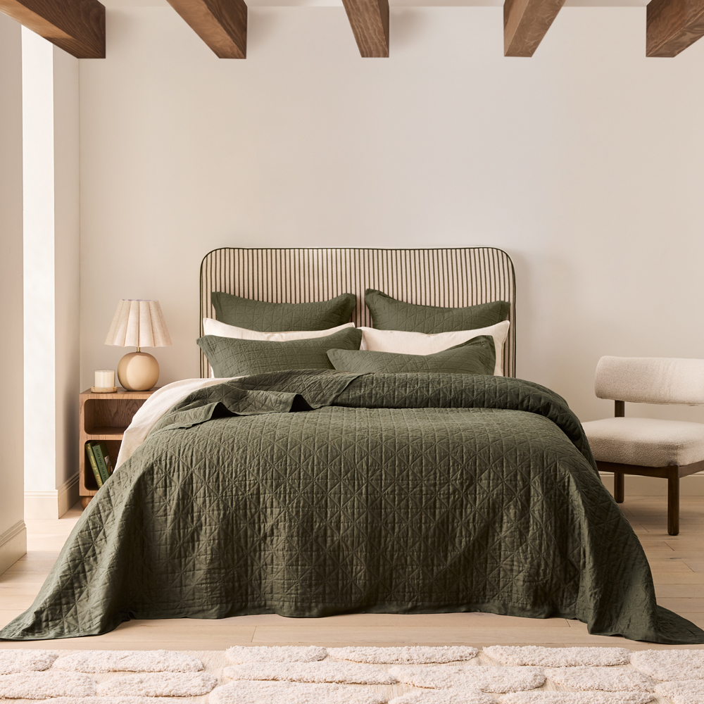 Vintage Washed Linen Thyme Quilted Coverlet | Adairs