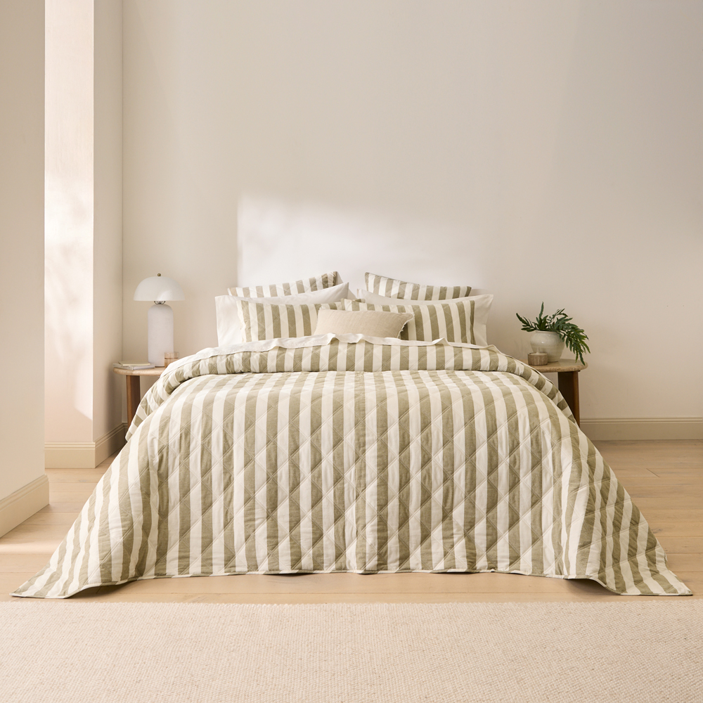 Stonewashed Cotton Olive & Coconut Quilted Coverlet Separates | Adairs