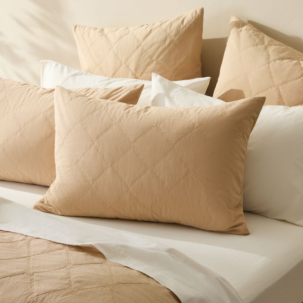 Stonewashed Cotton Sesame Quilted Pillowcases | Adairs