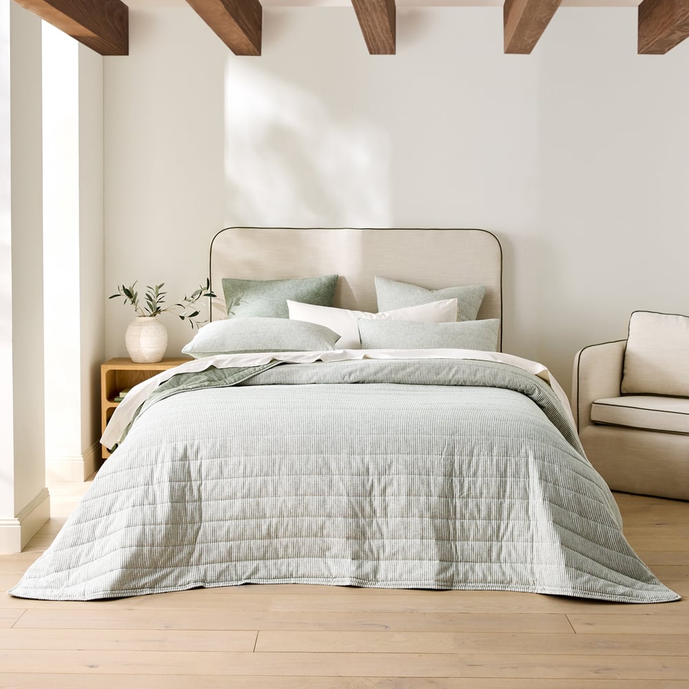 Arden Stripe Thyme Linen Cotton Quilted Coverlet Separates | Adairs