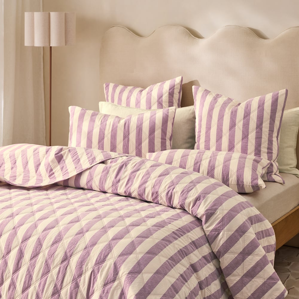 Stonewashed Cotton Berry Block Stripe Quilted Coverlet Separates | Adairs